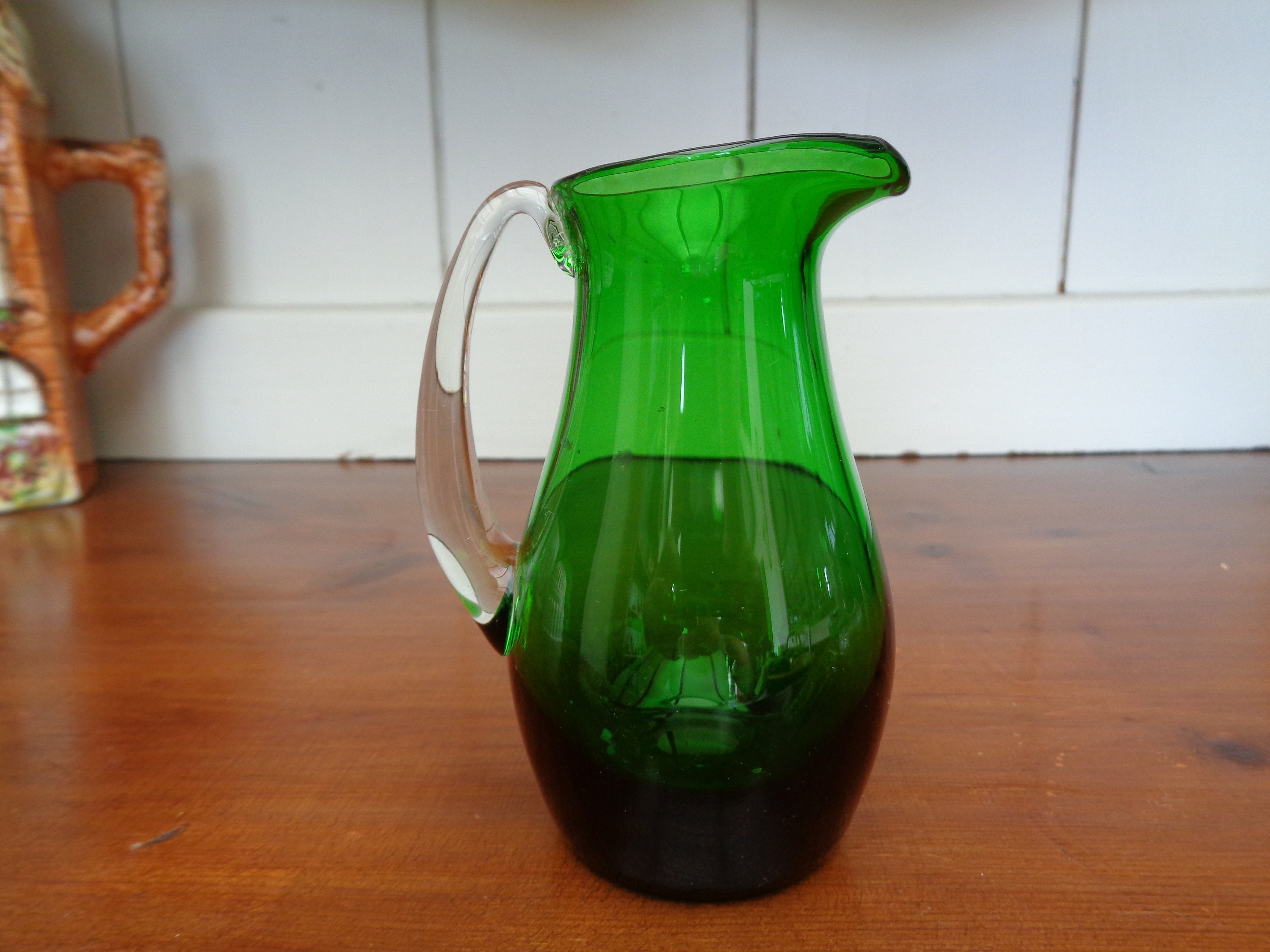 Green Glass Jug, Vintage Handblown Small Emerald Green Glass Jug ...