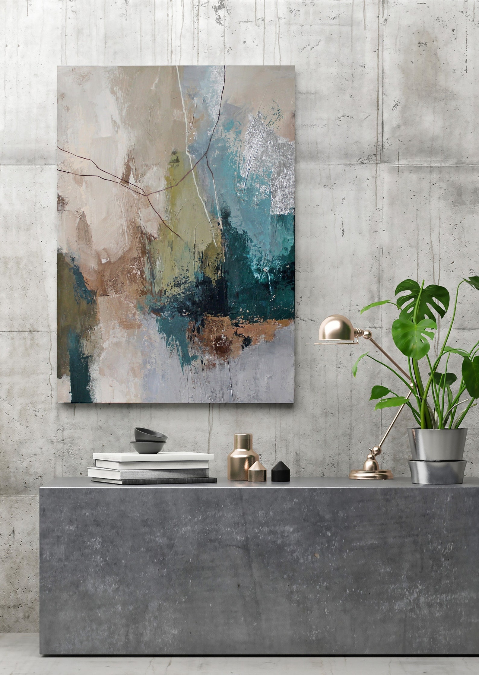 Painting Teal Green Abstract Blue Wall Art Blue Silver - Etsy