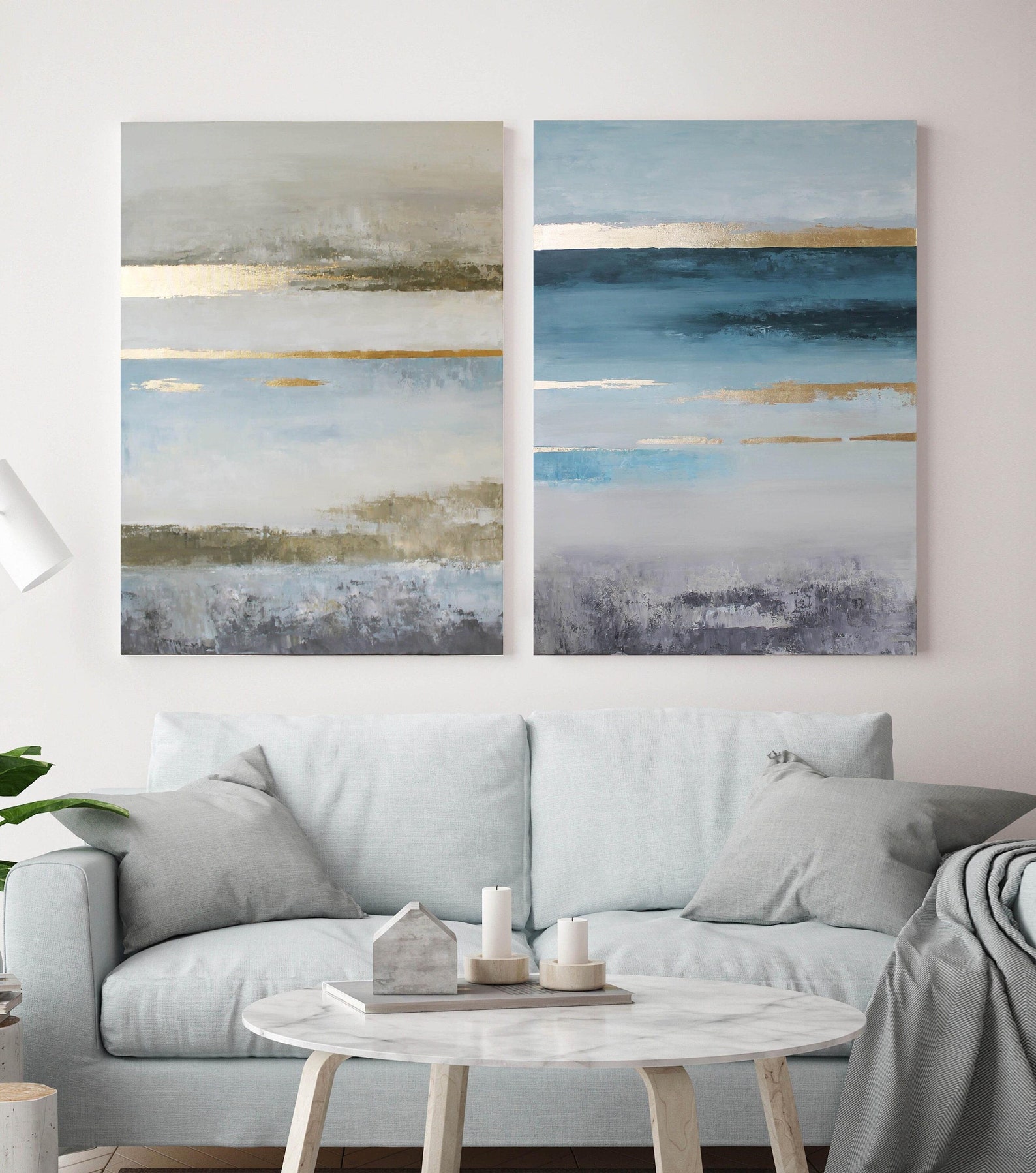 Blue and Gold Abstract Ocean | Blue Abstract Set of 2 Paintings | Light ...