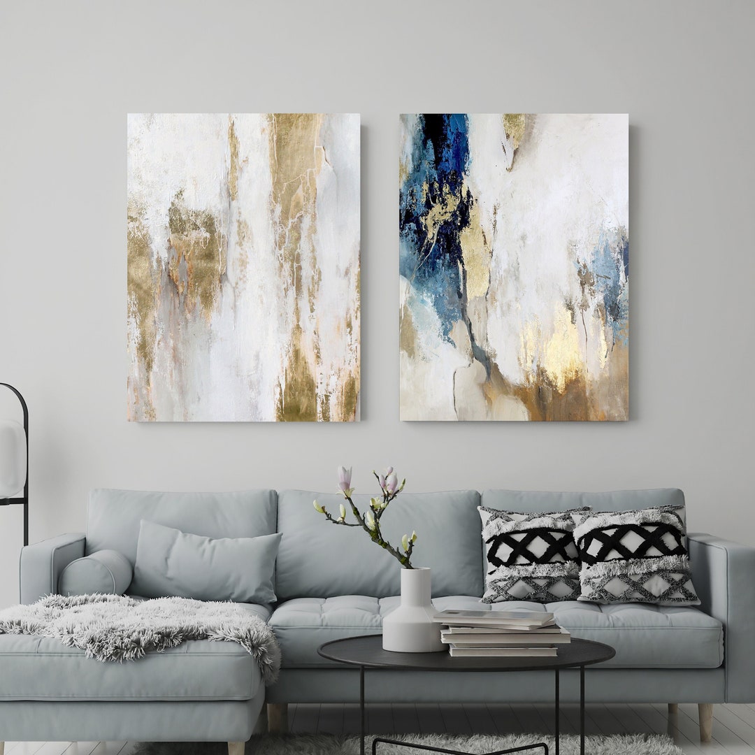 Print Blue Gold Large Abstract Set of 2 Wall Art Abstract Gold and Grey ...