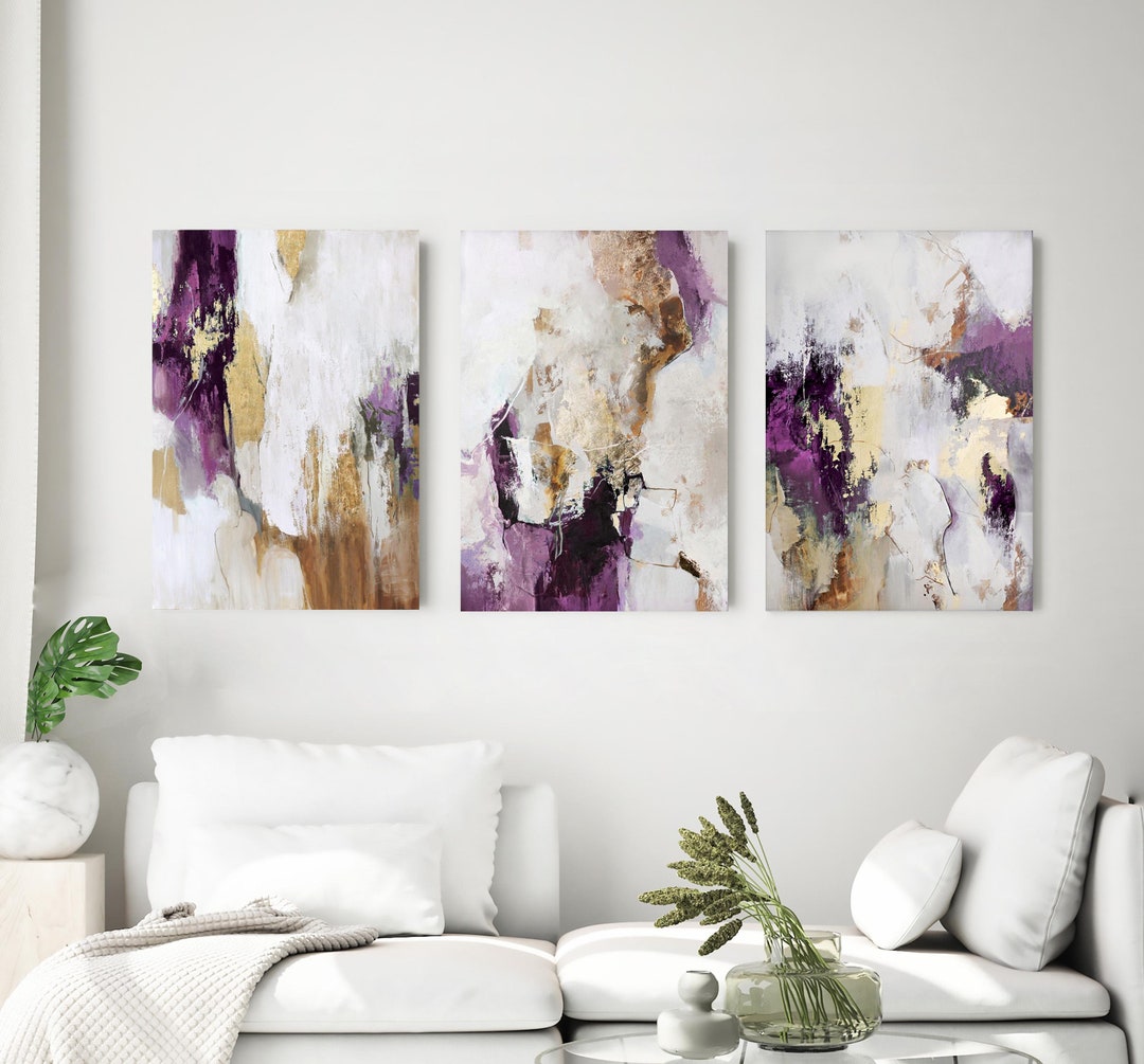 Purple Abstract Painting | Triptych Wall Art Abstract | Purple Wall Art ...