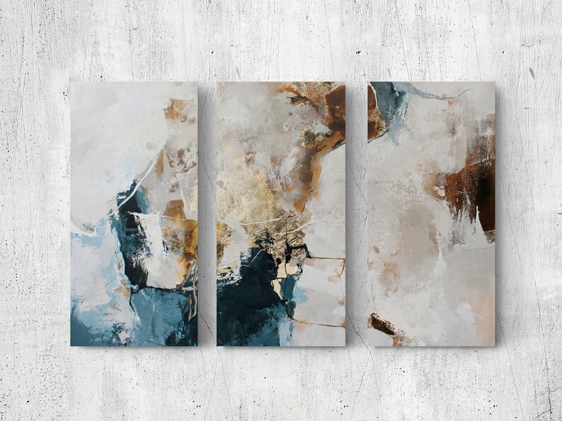 Blue and Gold Painting | Blue Triptych Art | Blue Abstract Wall Art ...