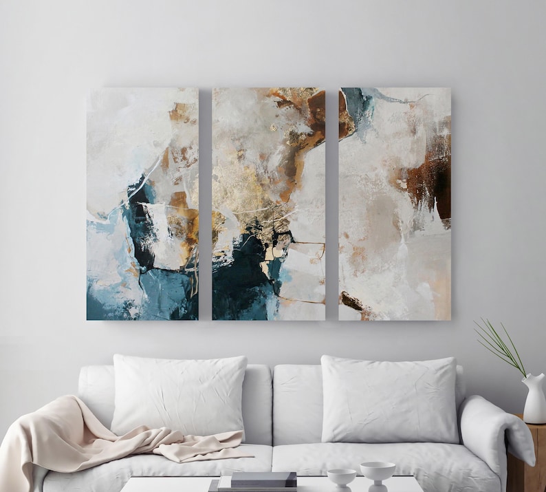 Blue and Gold Painting | Blue Triptych Art | Blue Abstract Wall Art ...