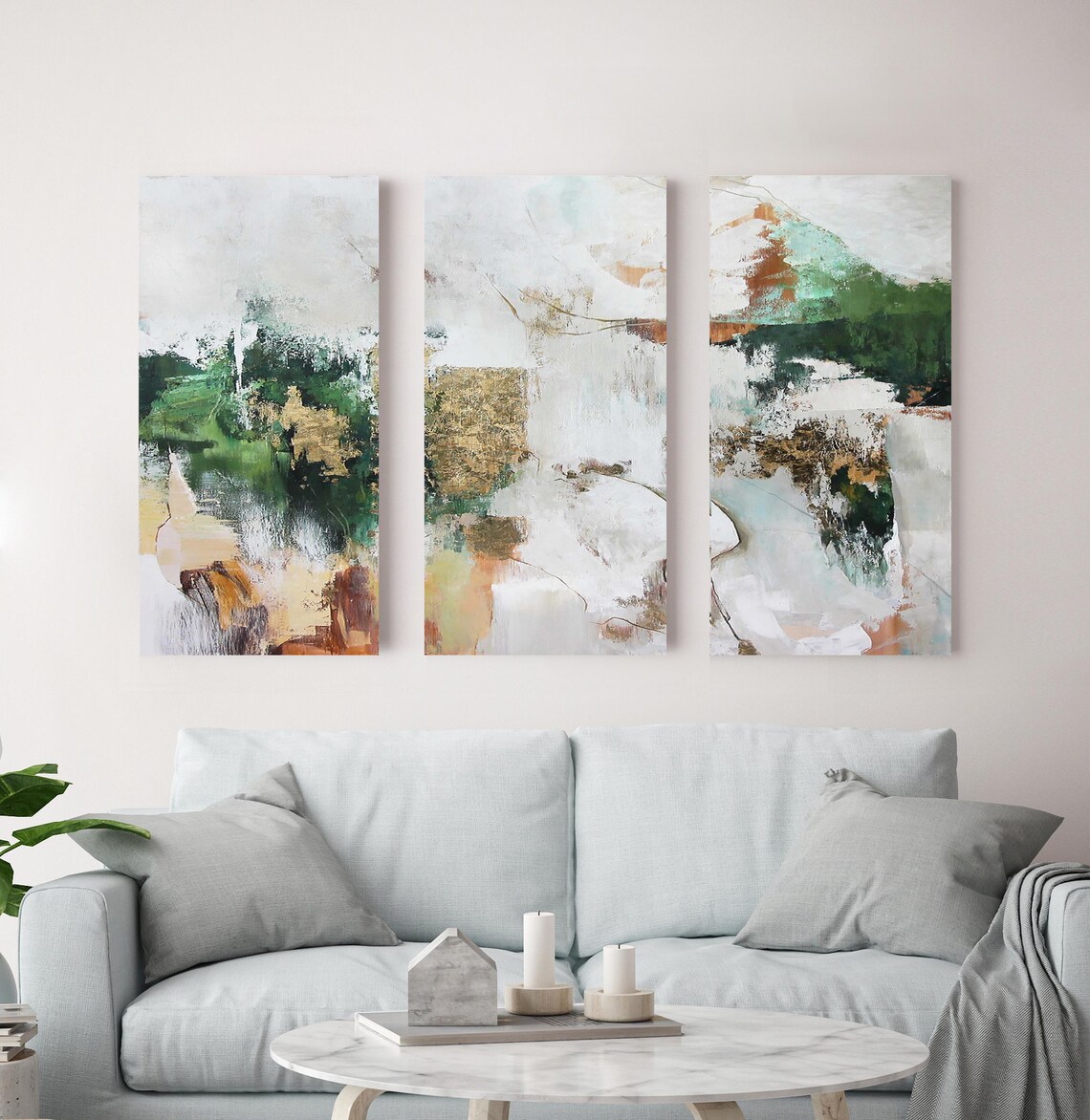 Green Abstract Painting | Triptych Wall Art Abstract | Abstract ...