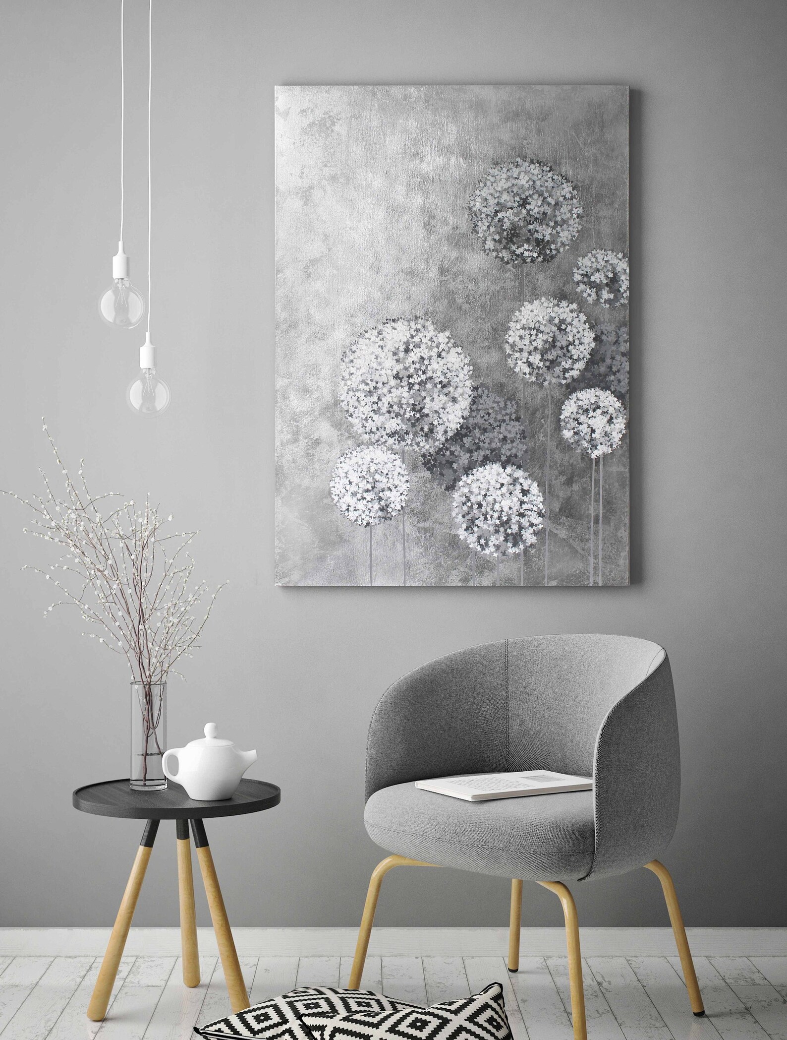 Allium Oil Painting | Silver Flowers Painting | Gray Wall Art | Silver ...