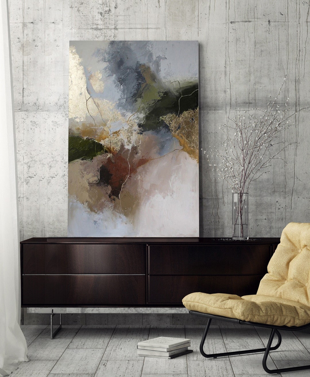 Dark Green Pink Abstract Painting | Cream Gold Grey Abstract Art ...