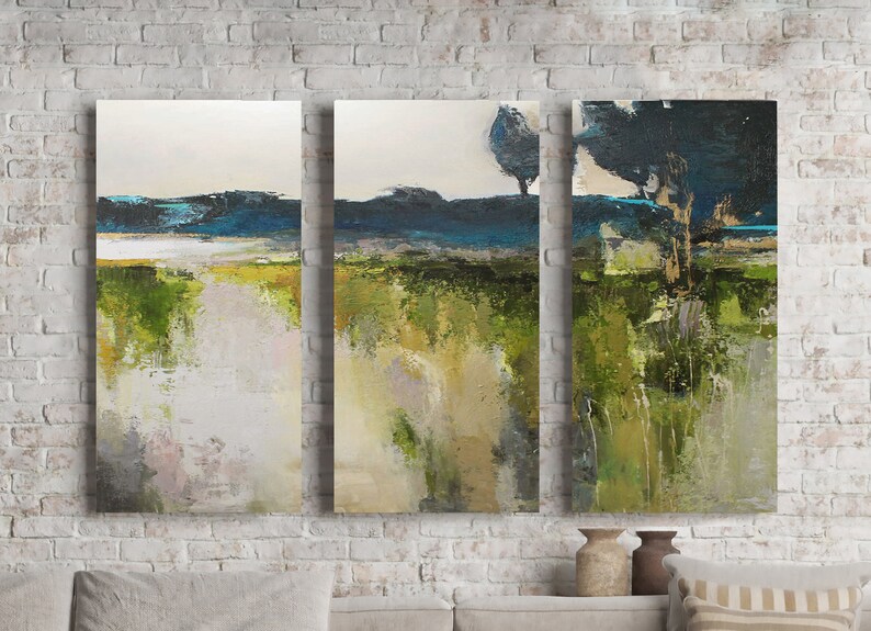 Painting Green Abstract Triptych Wall Art | Abstract Nature | Green ...