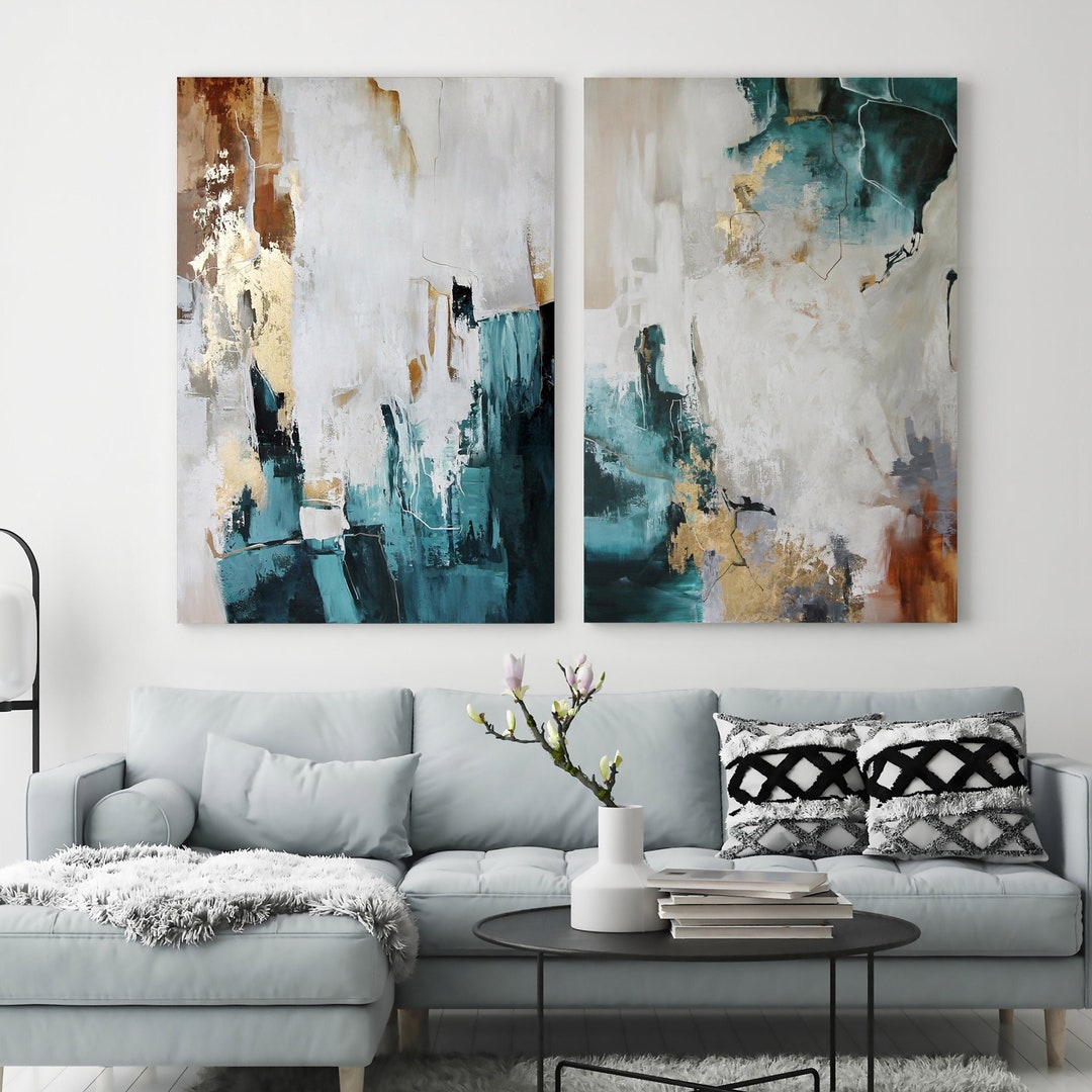 Teal and Gold Wall Art | Abstract Turquoise Painting | Turquoise Set of ...