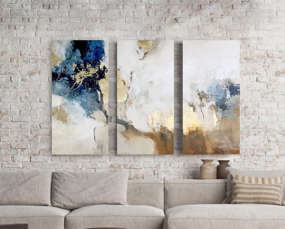 Blue Abstract Painting | Blue and Gold Painting | Triptych Wall Art Abstract Triptych Painting ...