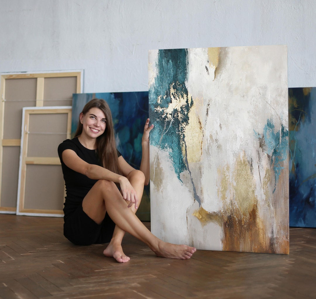 Teal Abstract Painting Original Canvas Art Dark Teal Wall Art ...