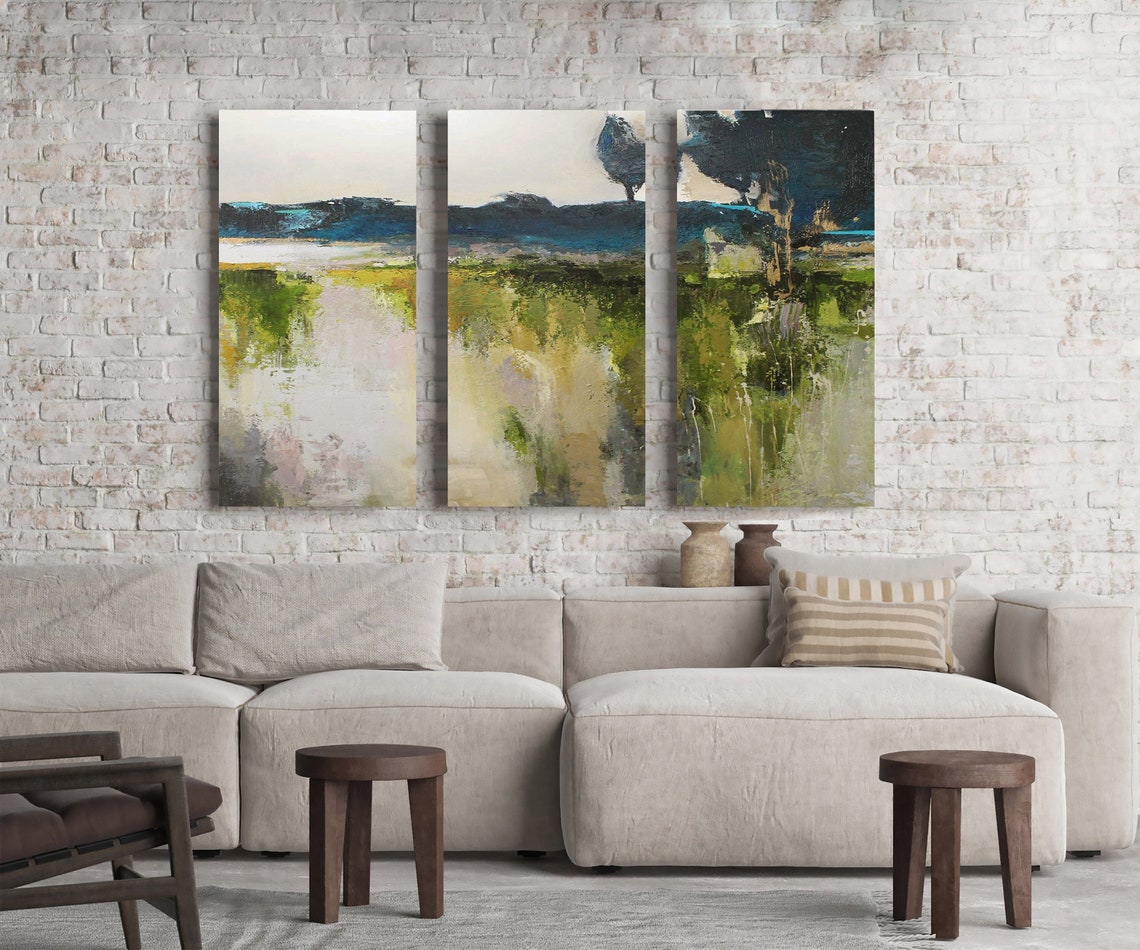 Painting Green Abstract Triptych Wall Art | Abstract Nature | Green ...