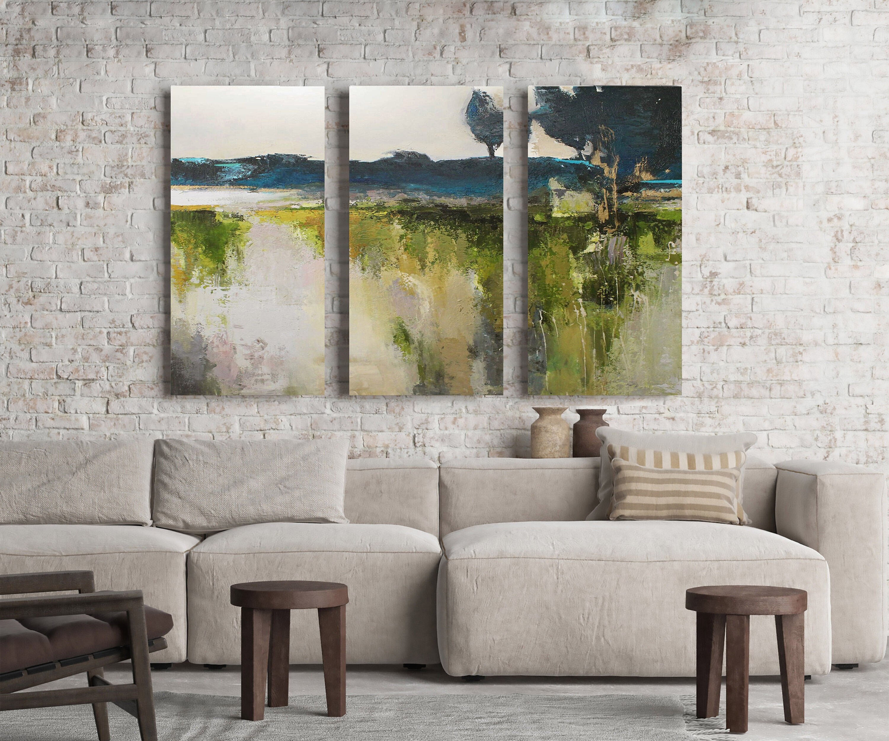 Painting Green Abstract Triptych Wall Art | Abstract Nature | Green ...