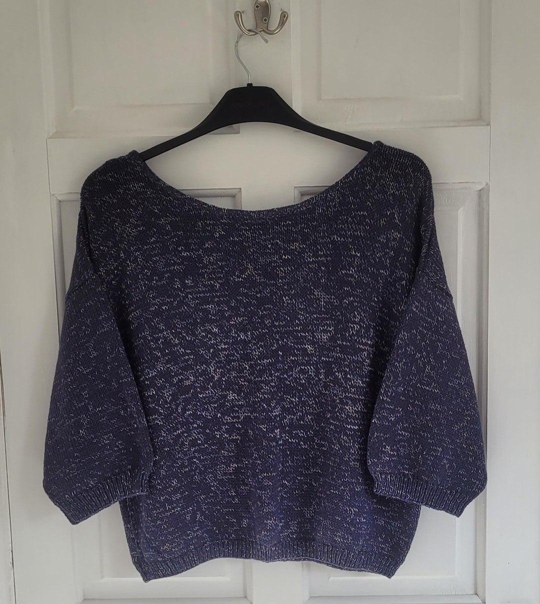 Navy Blue Cotton Viscose Hand Knit Sweater, Wide Neck, Three Quarter ...