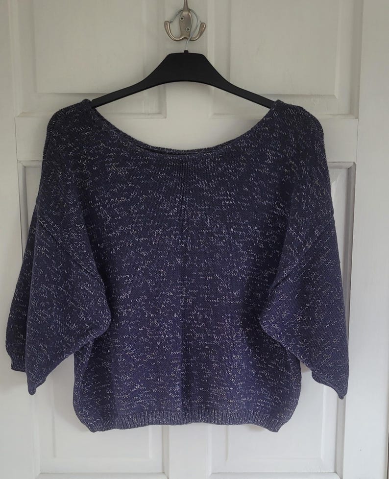 Navy Blue Cotton Viscose Hand Knit Sweater, Wide Neck, Three Quarter ...
