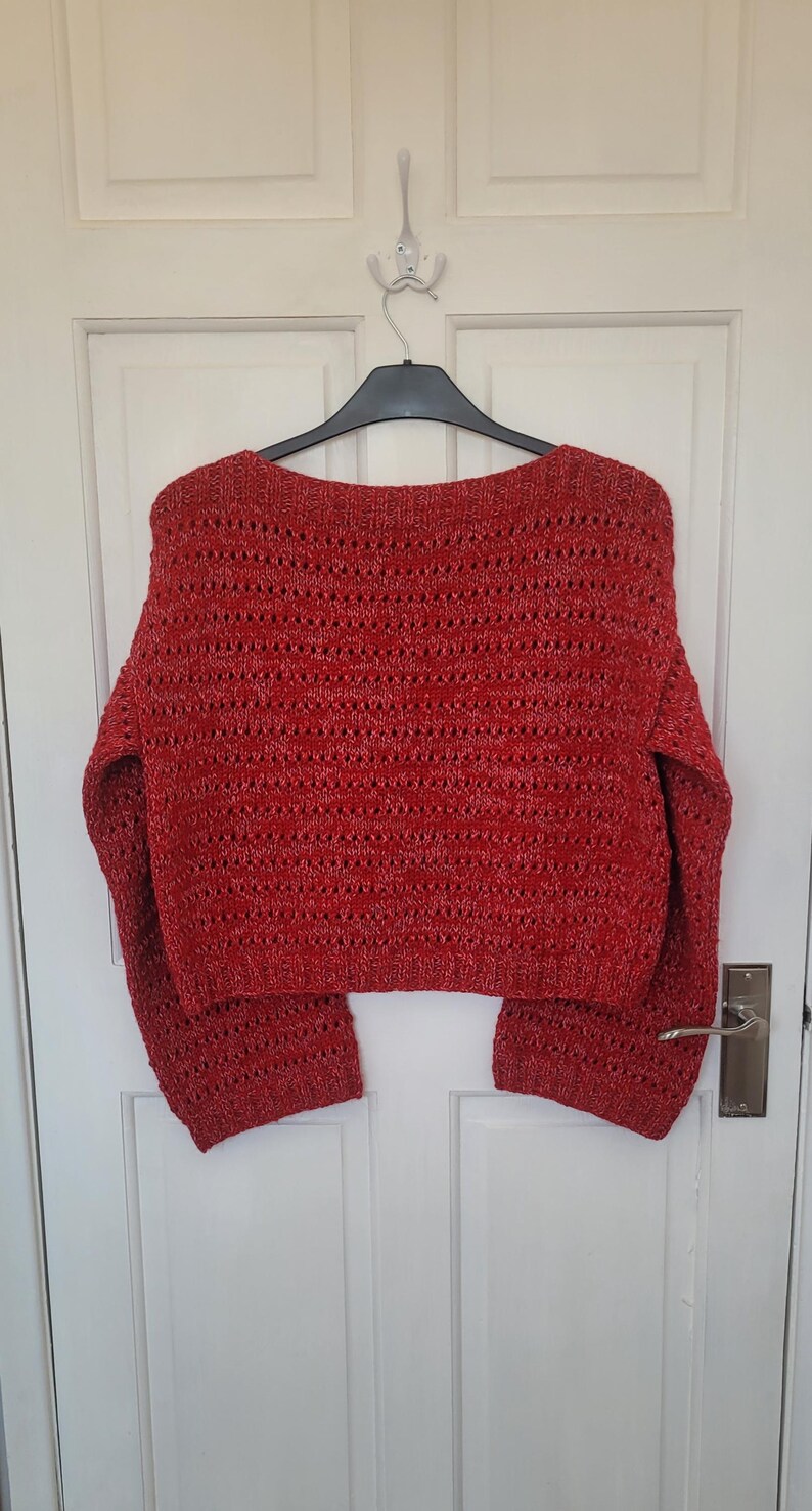 Hand Knitted Red Cotton Eyelet Pattern Jumper. Wide Long Sleeves, Slash ...