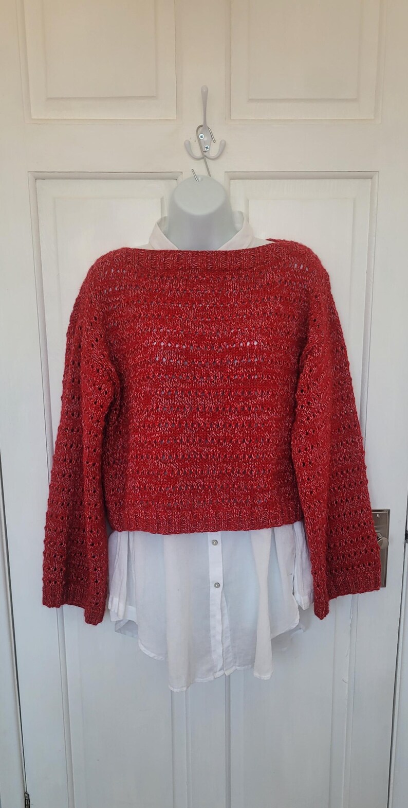 Hand Knitted Red Cotton Eyelet Pattern Jumper. Wide Long Sleeves, Slash ...