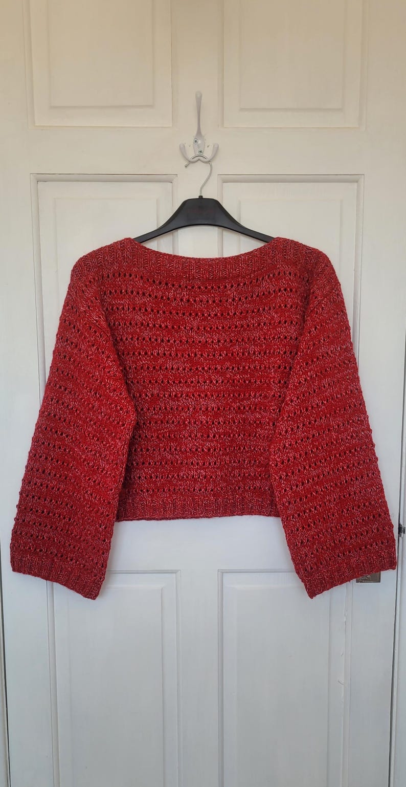 Hand Knitted Red Cotton Eyelet Pattern Jumper. Wide Long Sleeves, Slash ...