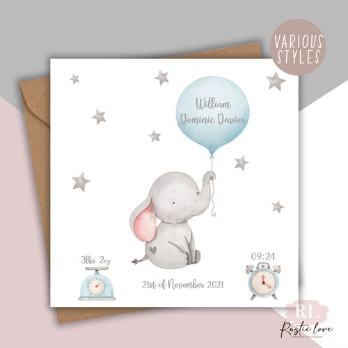 Personalised New Baby Baby Elephant Card New Baby Girl Card - Etsy