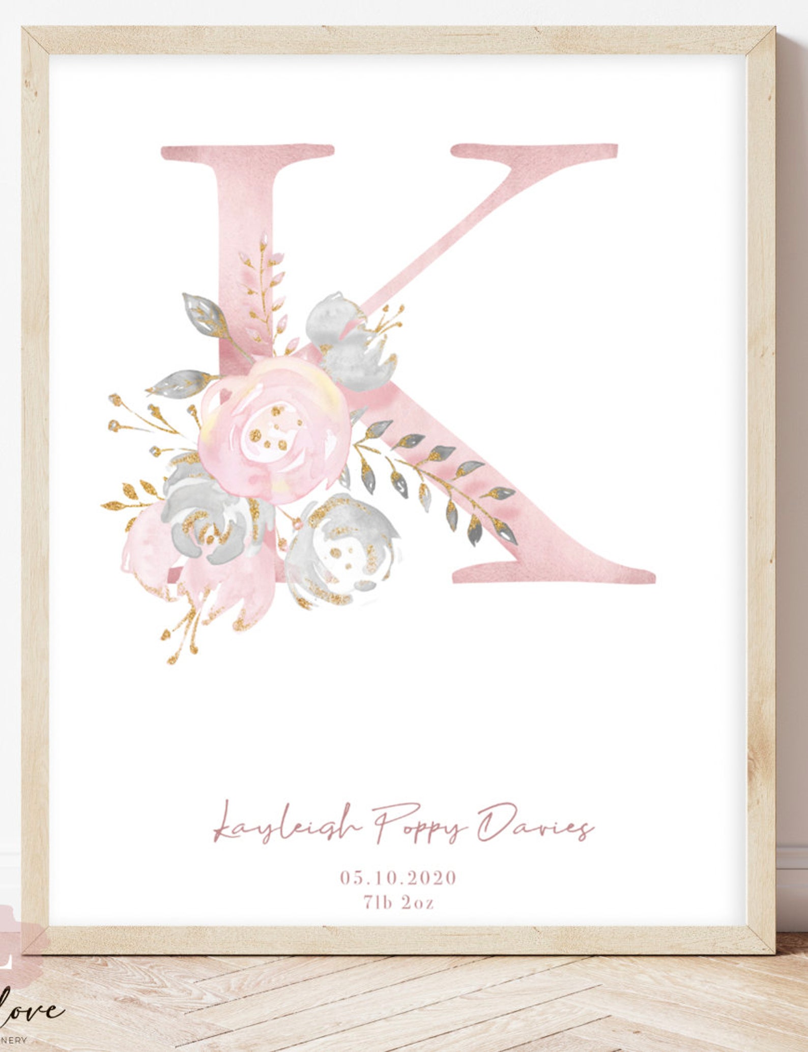 New Baby Girl Initial Pink Print With Birth Details, Various Sizes, New ...