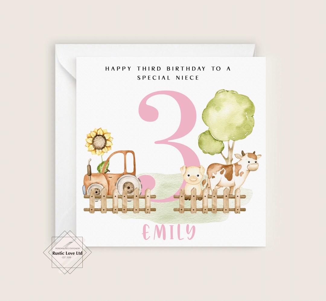 Personalised Farm Animal Birthday Card, Pink Farm, Daughter ...