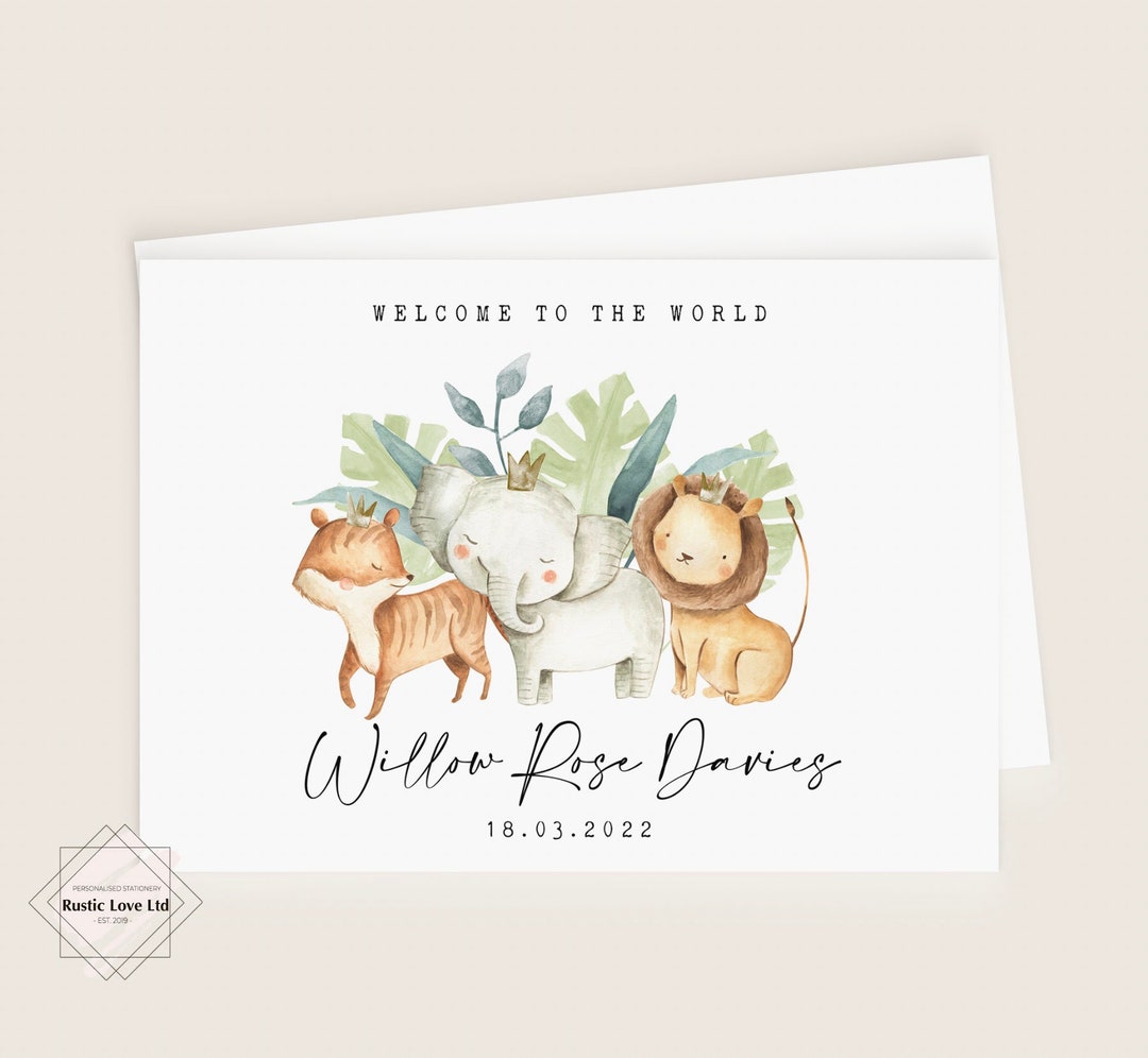 Personalised Safari New Baby Girl Card Safari New Baby Boy Card, New ...