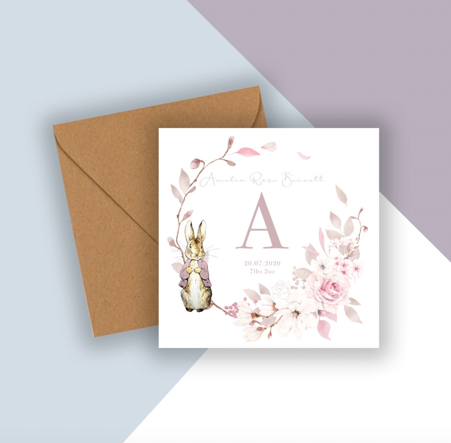 Personalised Pink Peter Rabbit New Baby Girl Card, New Baby, Baby Girl ...