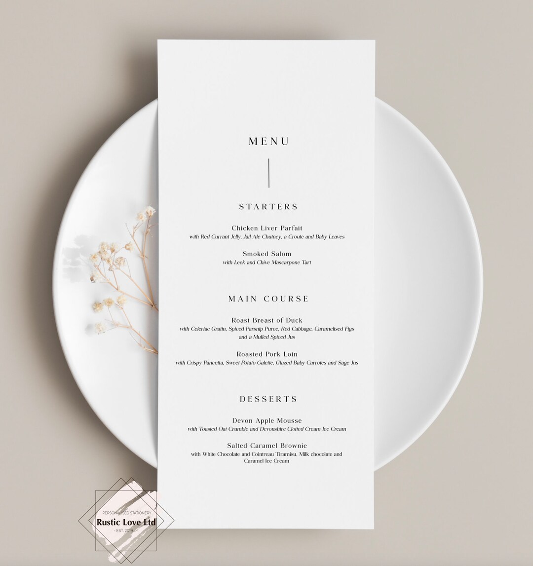 Wedding Menu Cards, Individual Menu Cards, Personal Menu Card, Menus ...