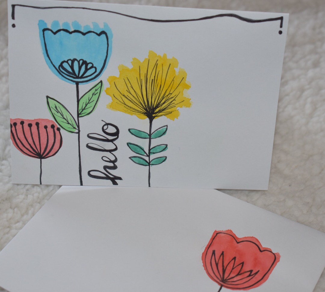 Watercolor Flowers "hello" Greeting Card - Etsy