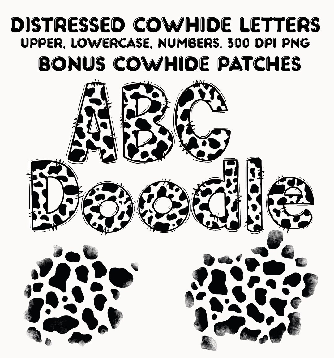 Doodle Letters, Black and White Cow Patches, Cow Print, Png - Etsy
