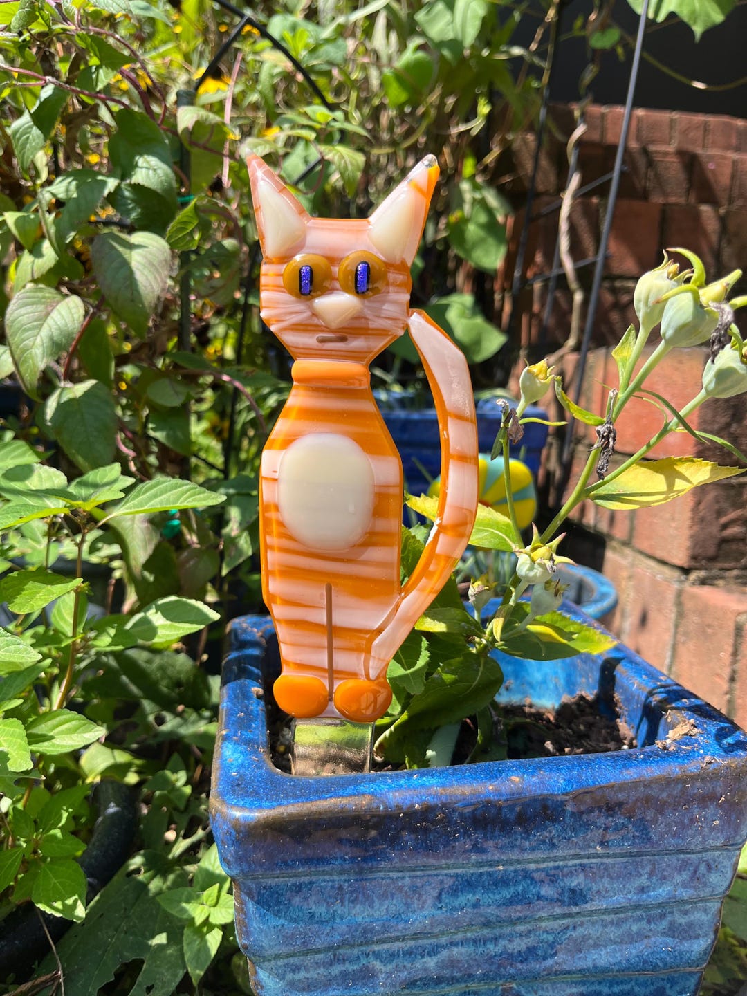 Cat, Orange Tabby Full Body Cat, Fused Glass, Plant Poke, Garden Art ...