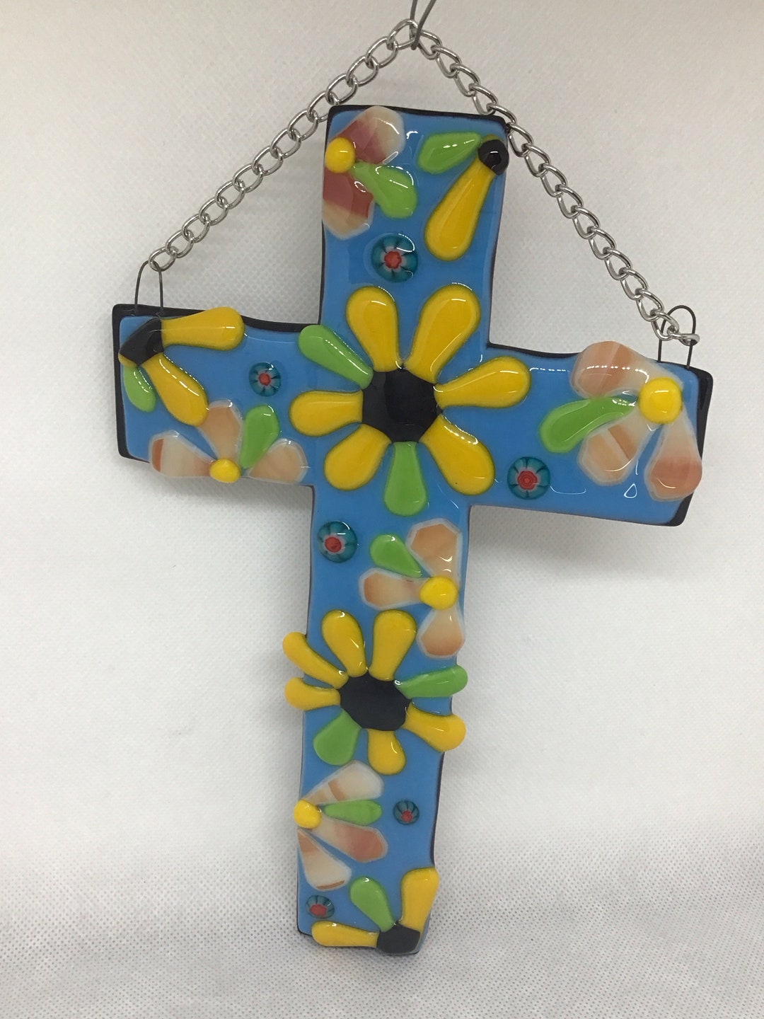Cross, Flowery Fused Glass Cross in Turquoise, Yellow, Green, Peach and ...