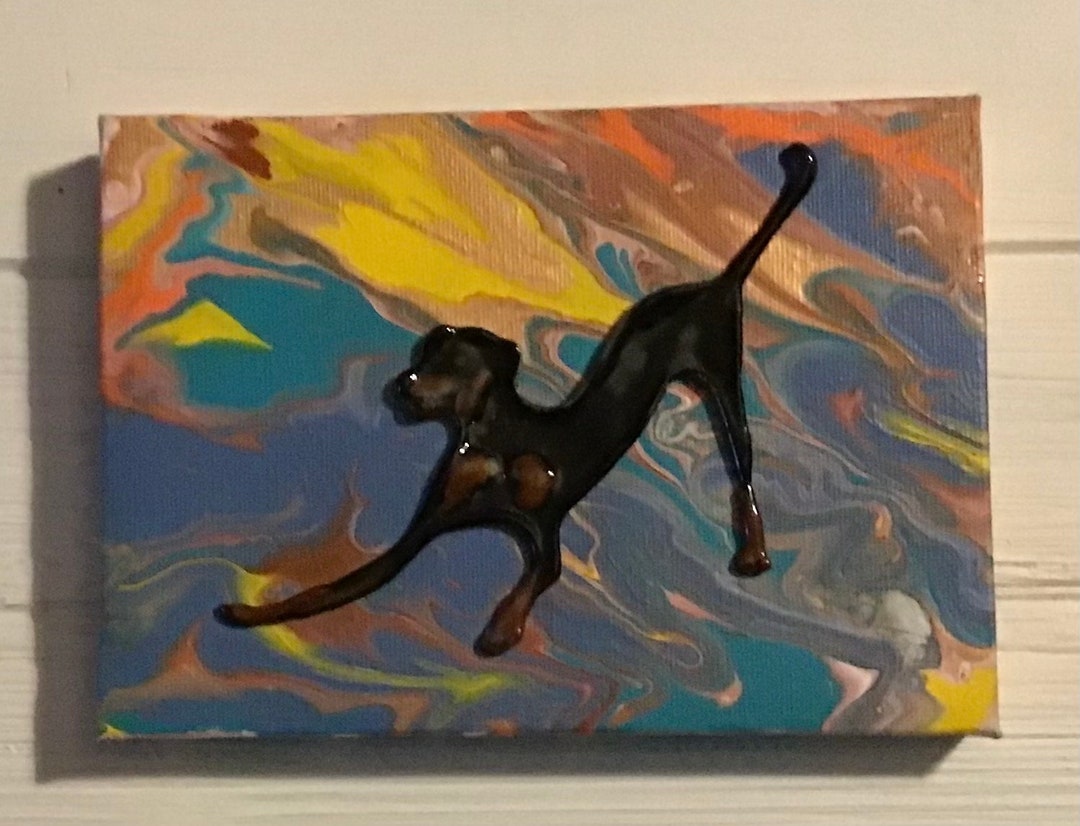 Dog, Paint Pour Canvas in Colors of Blue, Yellow, Turquoise , Orange ...