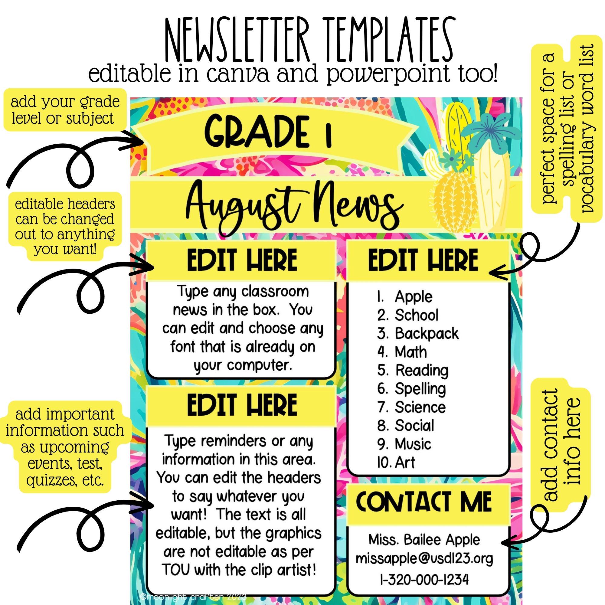 Classroom Preppy Cactus EDITABLE Newsletter Templates EDITABLE With ...