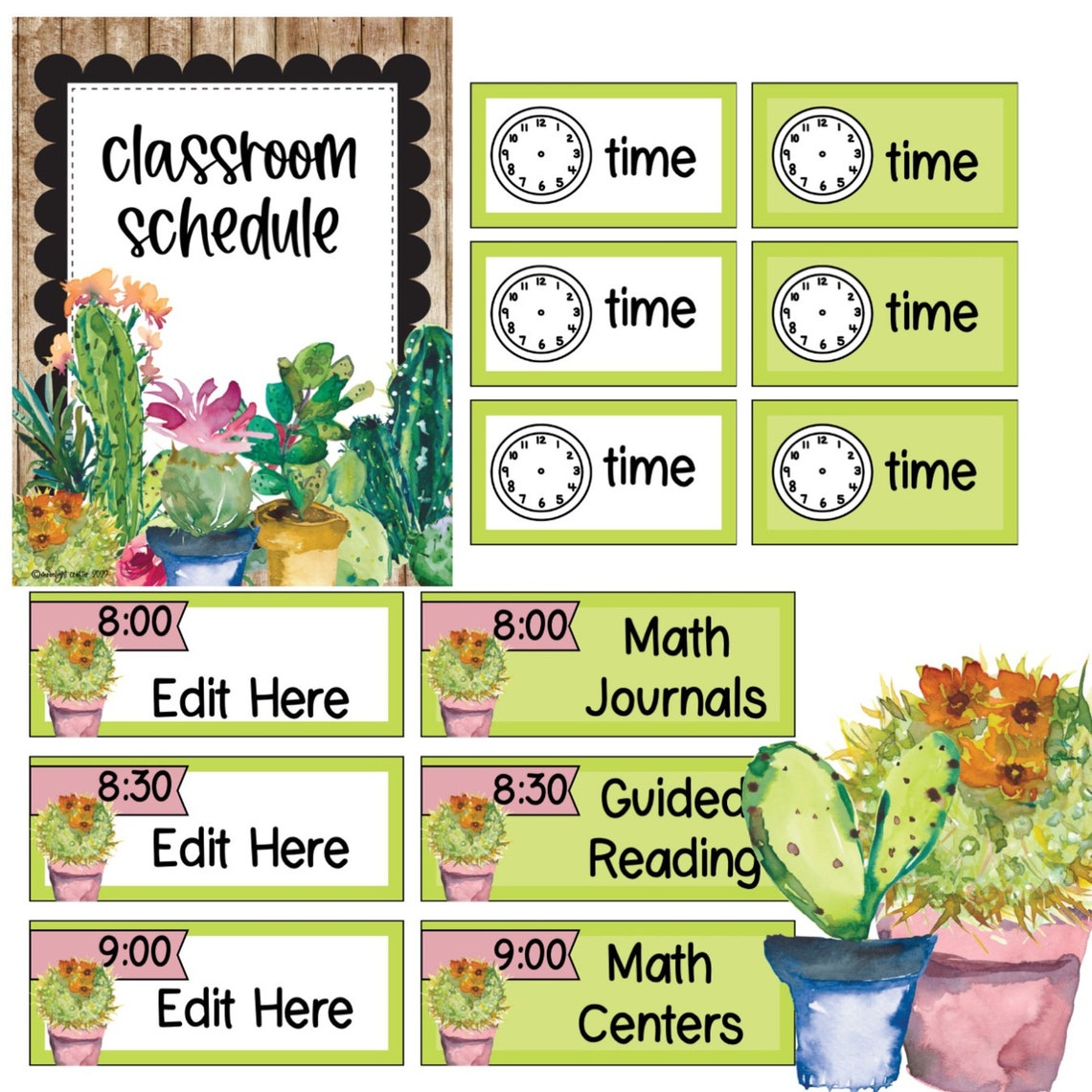 Watercolor Succulents Classroom Decor | Schedule Cards That Are ...