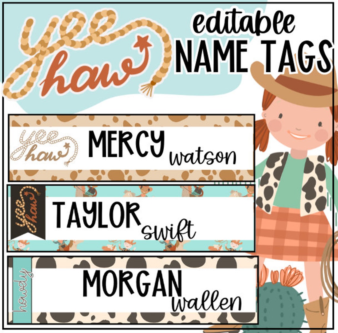 Cowboy and Cowgirl Western Name Tags EDITABLE in CANVA and Powerpoint ...