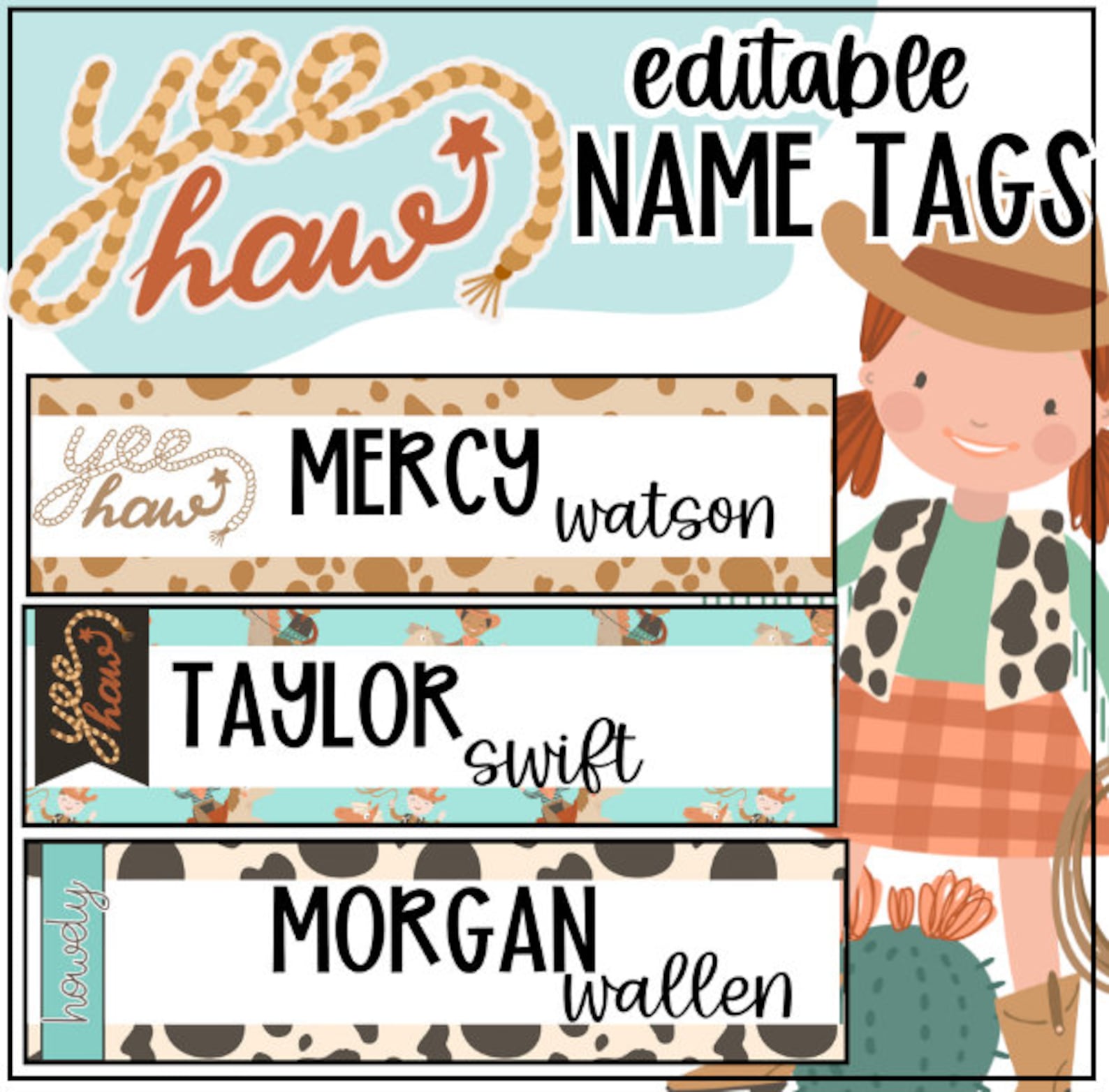 Cowboy and Cowgirl Western Name Tags EDITABLE in CANVA and Powerpoint ...
