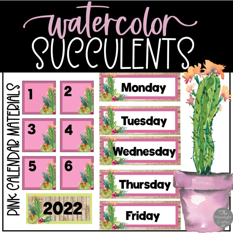 Watercolor Succulents Classroom Calendar Set Editable and - Etsy
