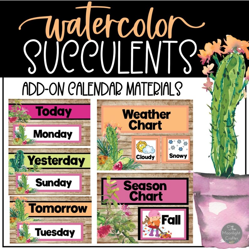 Watercolor Succulent Themed Classroom Decor | Interactive Weather Chart ...