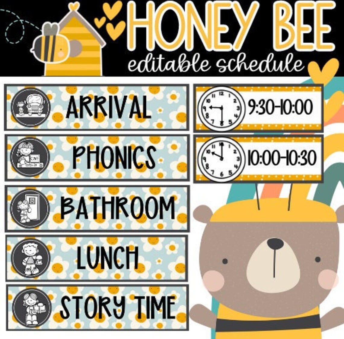 Boho Honey Bees EDITABLE Picture Schedule With Time Cards - Etsy