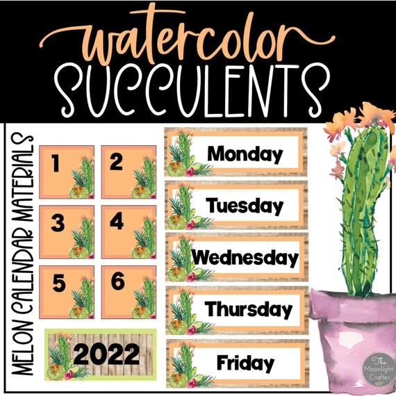 Watercolor Succulents Classroom Calendar Set Editable and - Etsy