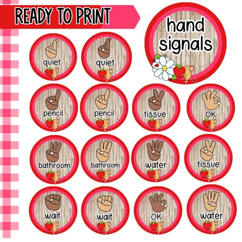 Hand Signal Posters for Classroom Management | Berry Sweet Theme - Etsy