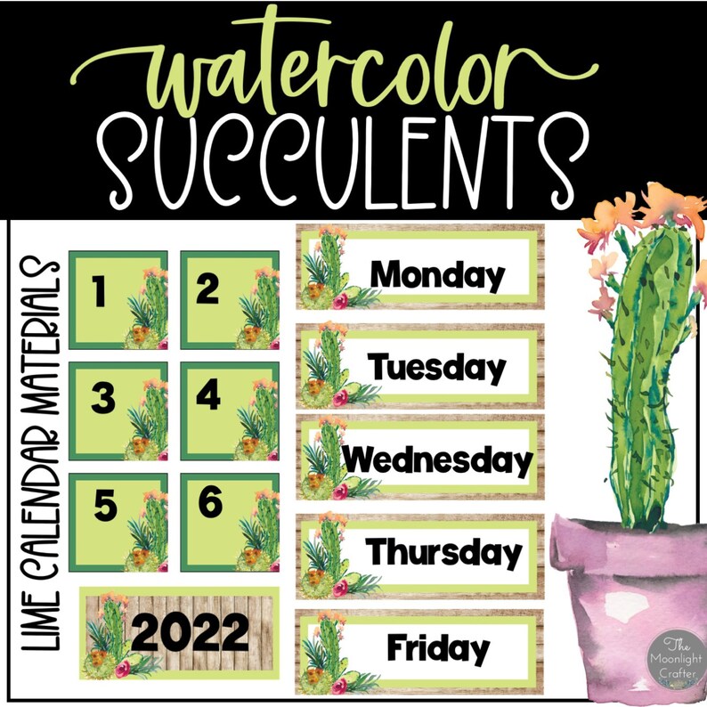 Watercolor Succulents Classroom Calendar Set Editable and Ready to ...