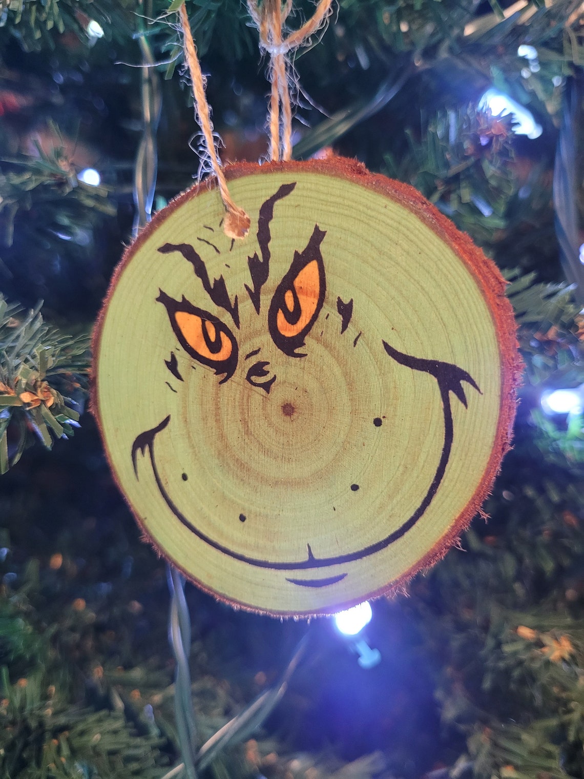Merry Grinchmas Grinch Face Wood Slice Tree Ornament With - Etsy