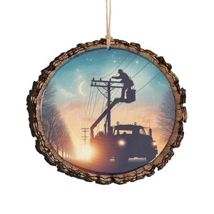 Personalized Lineman Christmas Ornament: Rustic Wood Slice, Powerline ...