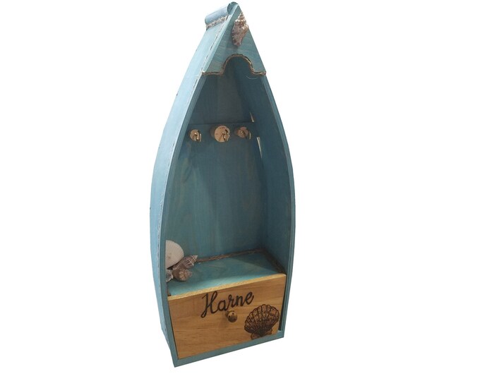 Wood Burned Boat Shelf With Drawer, Decorative Small Wooden Boat Shelf ...