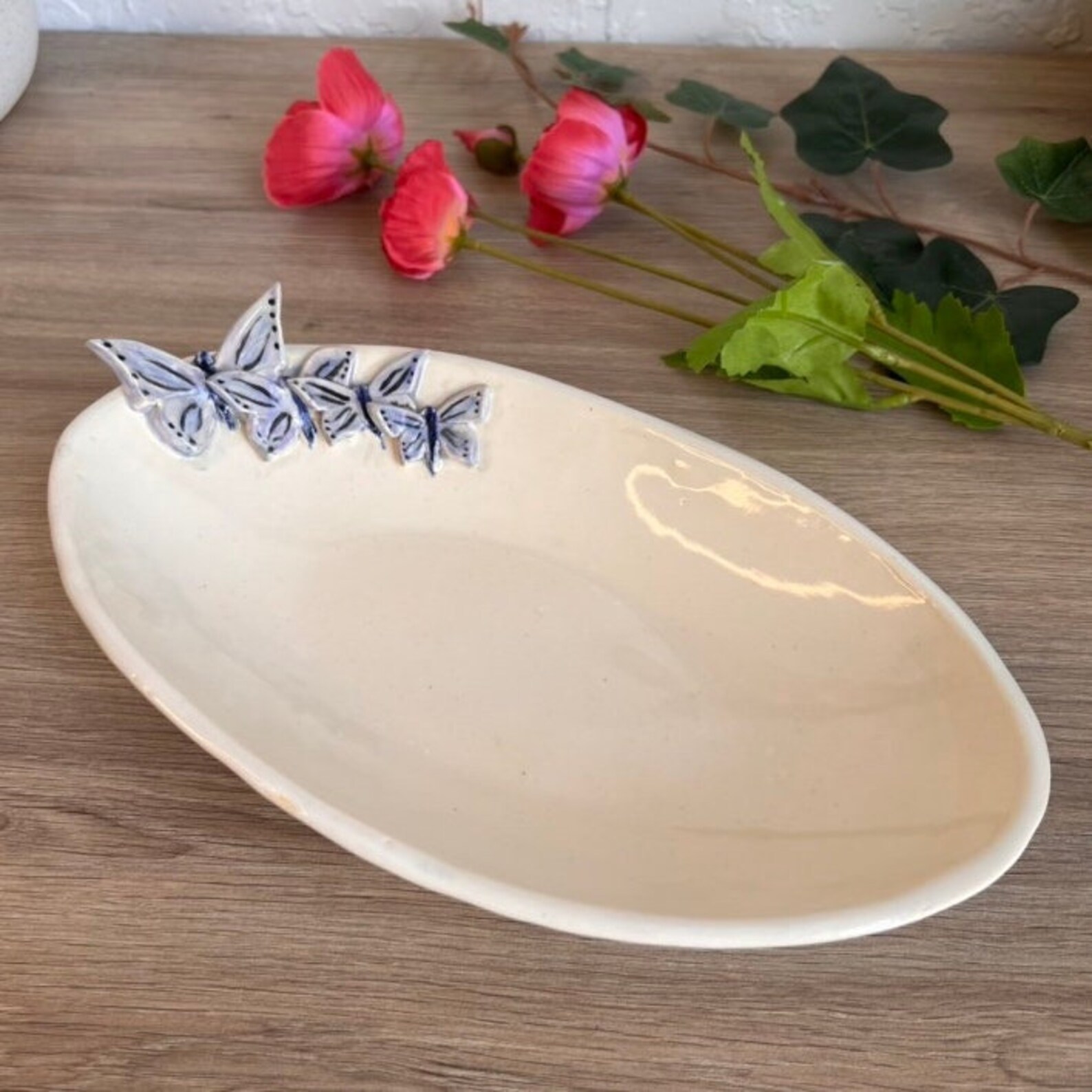Ceramic Bowl Handmade. Blue Butterflies Stoneware Serving Bowl. Oval ...