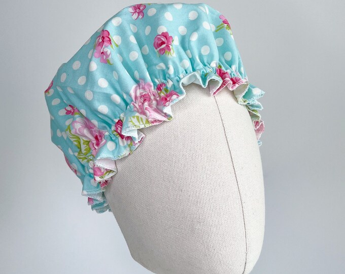Light Blue With White Polka Dots and Pink Roses Shower Cap - Etsy