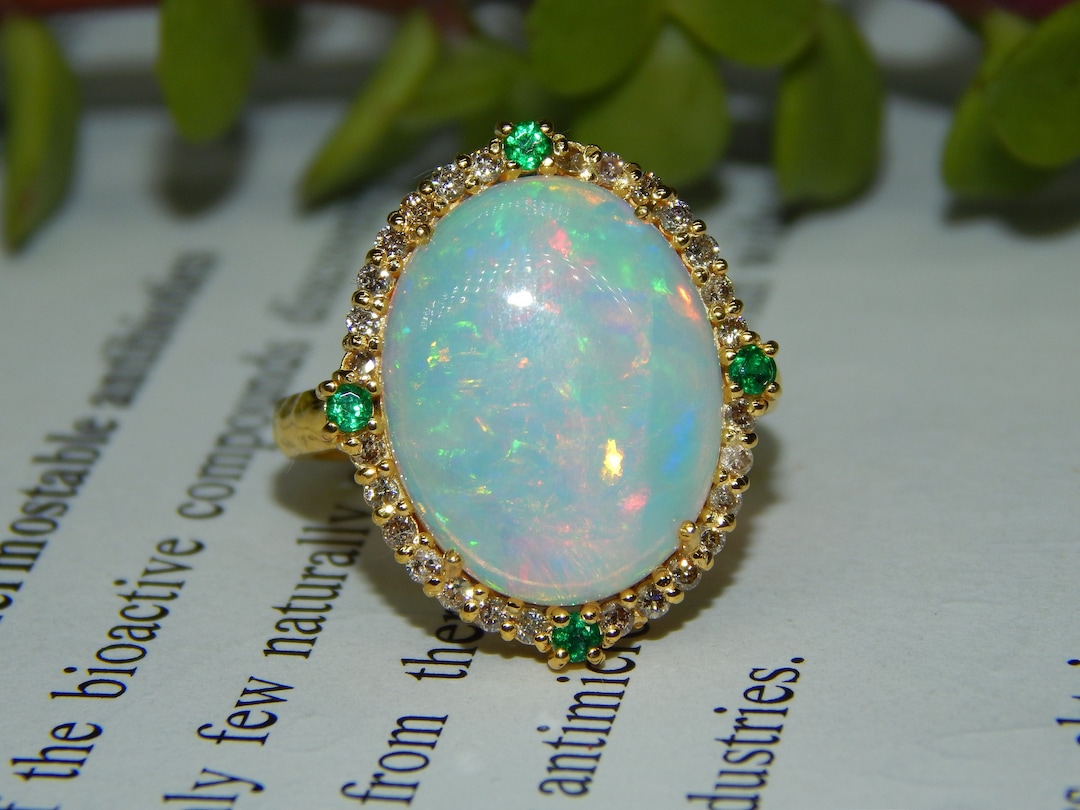 Natural Fire Opal Ring, 14k Gold Ring, Opal Diamond Halo Ring, Emerald ...