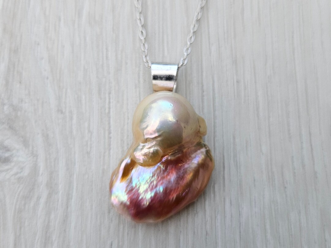 Iridescent Baroque Pearl Necklace With Sterling Silver, Gold/ Violet ...