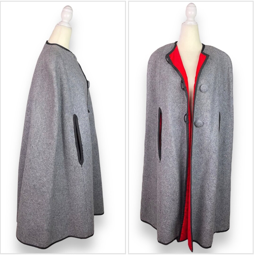 Vintage Structured Wool Cape Cloak in Dove Grey With Red Velvet Lining ...